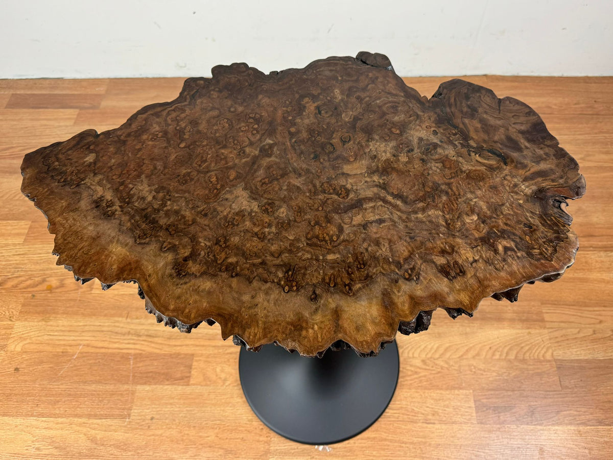 Walnut burl wood end table or accent table with tulip metal base – R ...