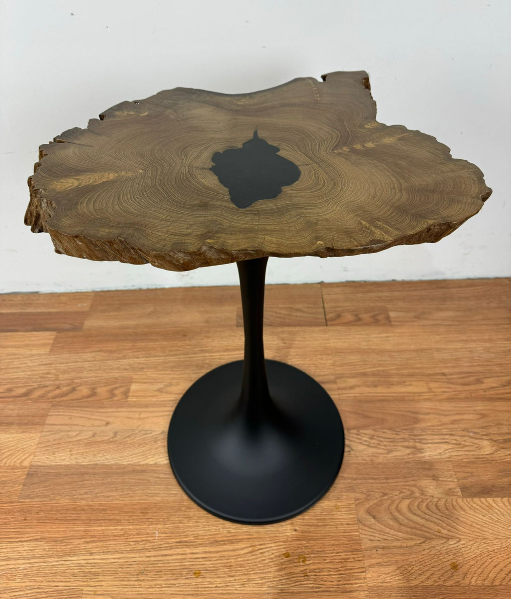 Teak root end table with black epoxy and tulip design metal base – R ...